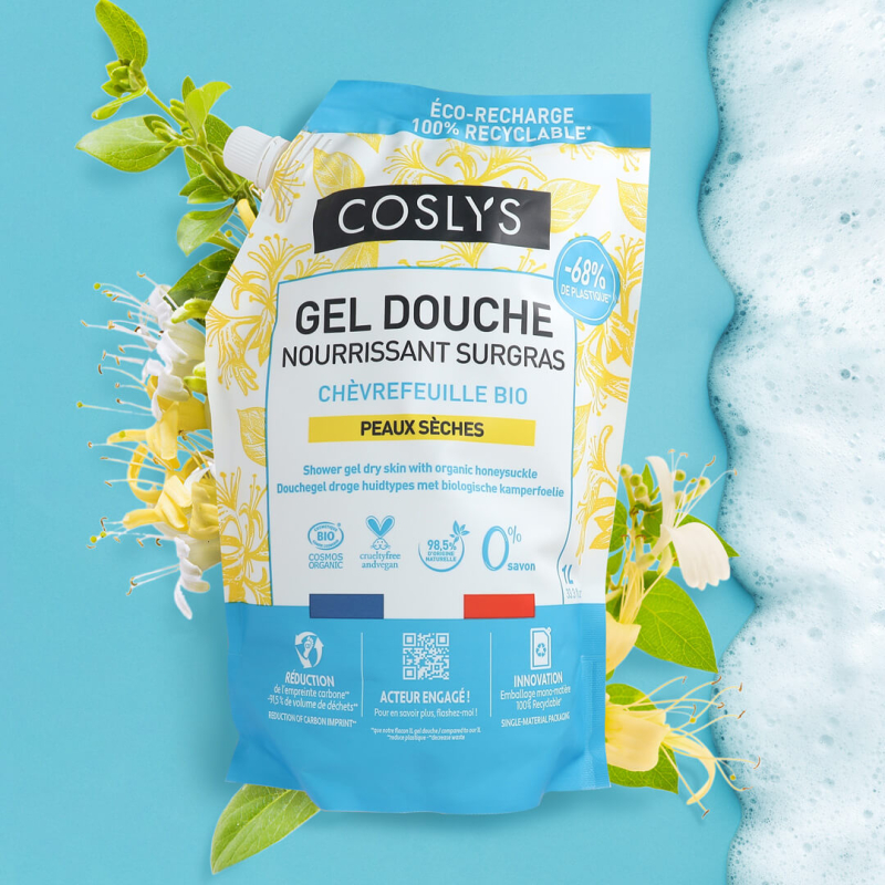 Eco-recharge Gel douche peaux sèches chèvrefeuille 1L - Coslys